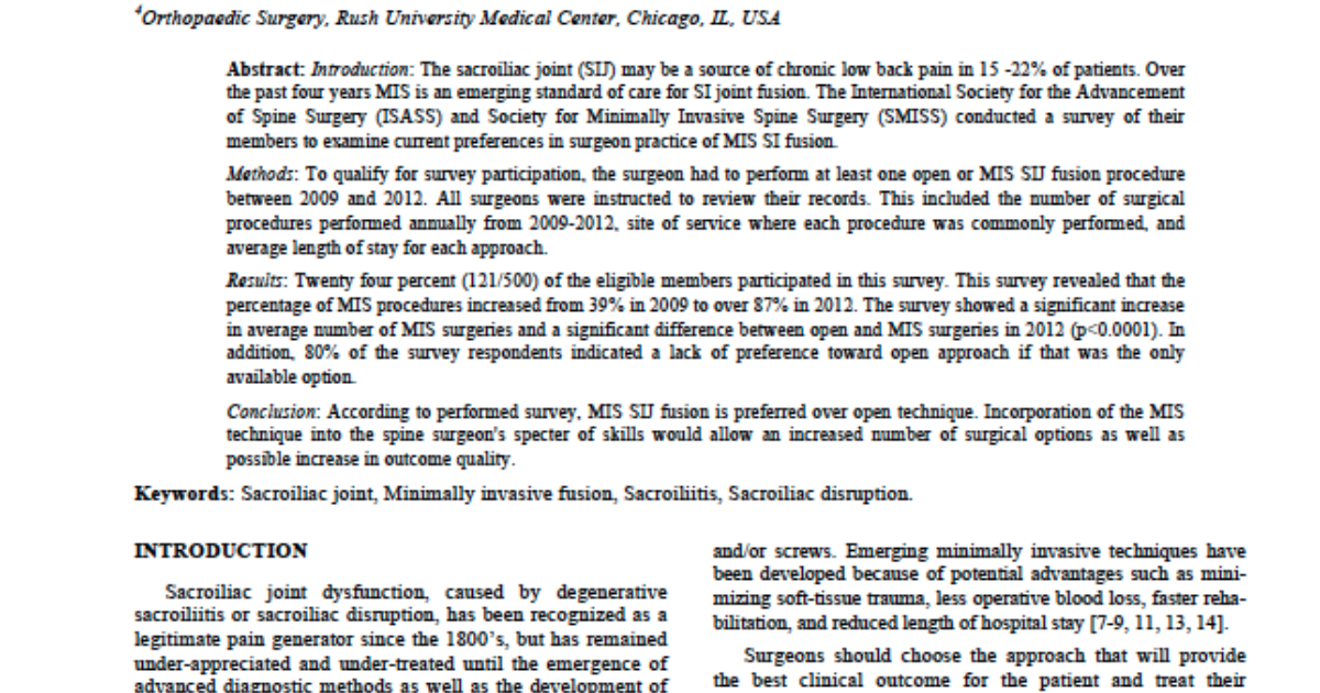 Utilization Of Minimally Invasive Surgical Approach For Sacroiliac